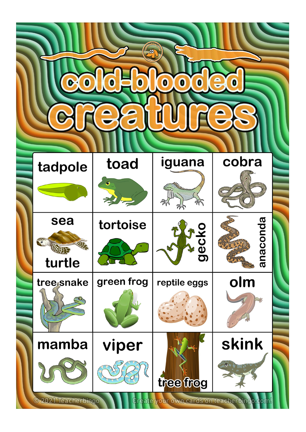 Cold-Blooded Creatures (Reptiles) Bingo 4x4 (100 pages + call sheet ...