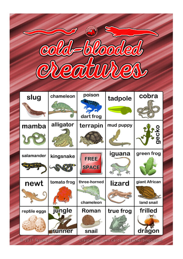 Cold-Blooded Creatures (Reptiles) Bingo 5x5 (100 pages + call sheet ...
