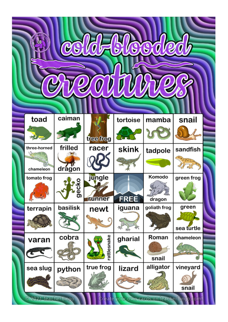 Cold-Blooded Creatures (Reptiles) Bingo 6x6 (100 pages + call sheet ...