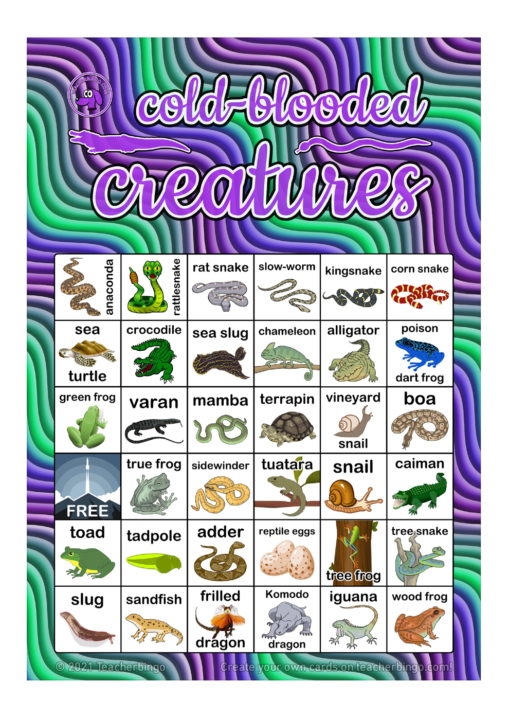 Cold-Blooded Creatures (Reptiles) Bingo 6x6 (100 pages + call sheet ...
