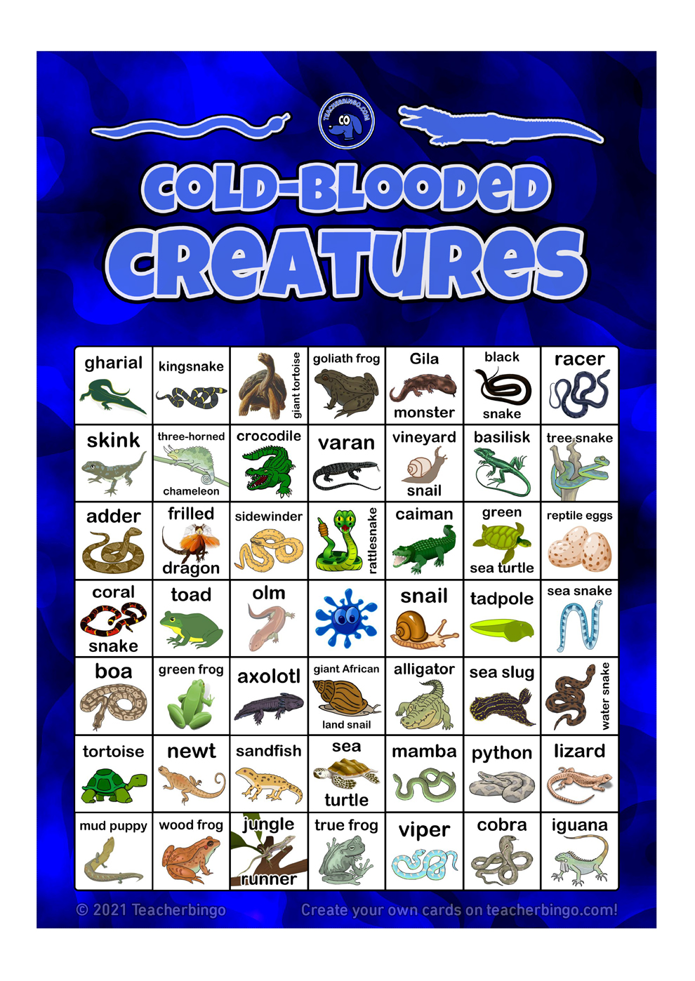 Cold-Blooded Creatures (Reptiles) Bingo 7x7 (100 pages + call sheet ...