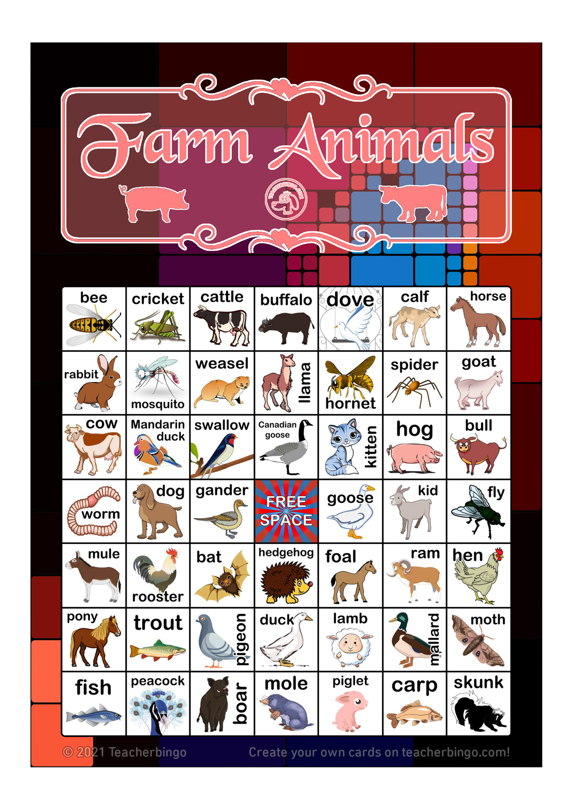 Farm Animals Bingo 7x7 (5 pages + call sheet) | Made By Teachers