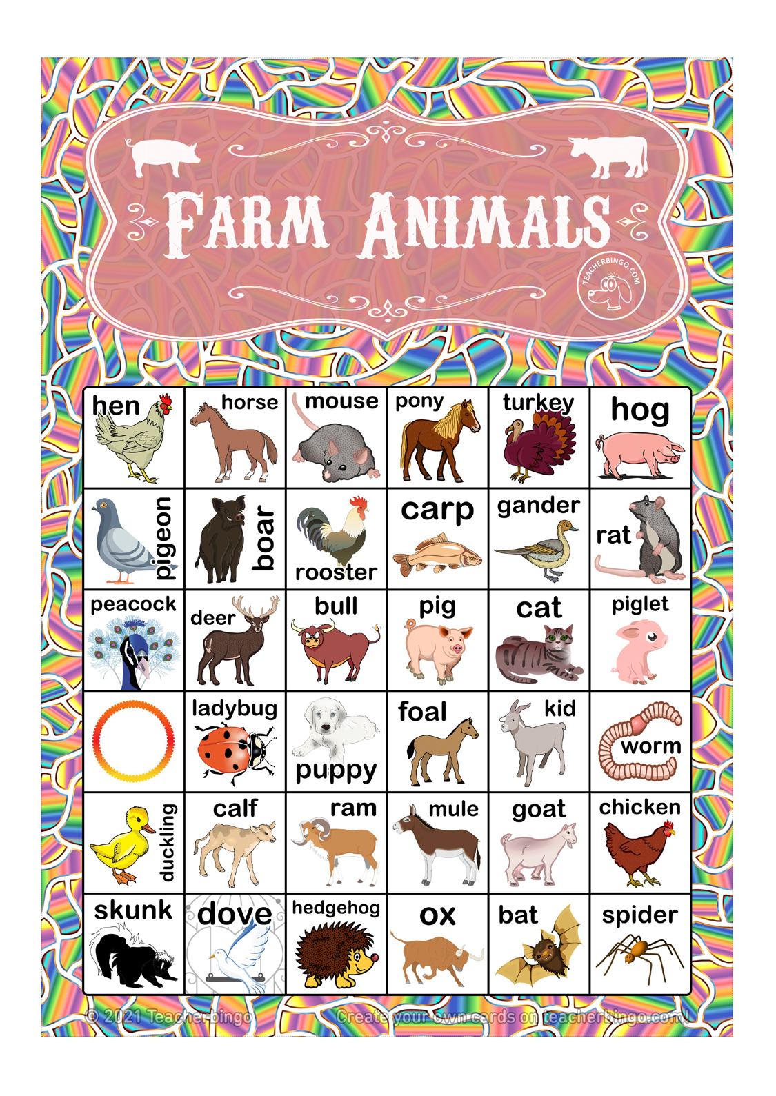 Farm Animals Bingo 6x6 (100 pages + call sheet) | Made By Teachers