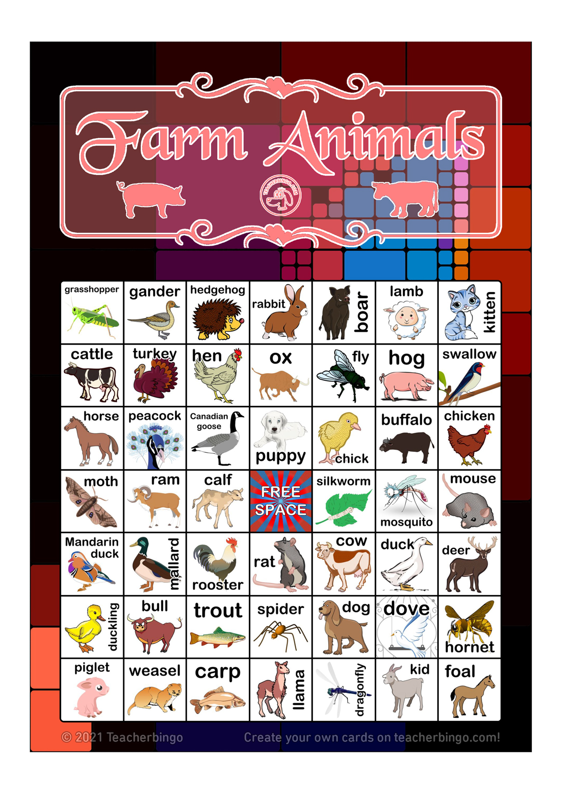 Farm Animals Bingo 7x7 (100 pages + call sheet) | Made By Teachers