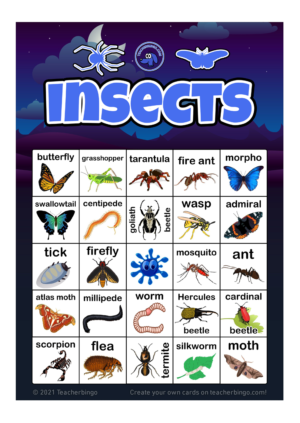Crawling Critters Bingo (Insects) 5x5 (100 pages + call sheet) | Made ...