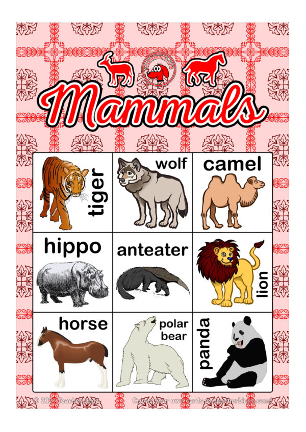 Mammals Bingo 3x3 (5 pages + call sheet) - Made By Teachers