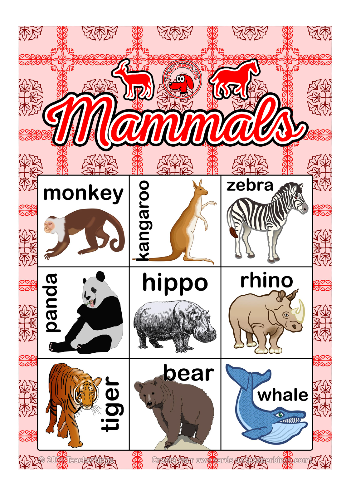 Mammals Bingo 3x3 (5 pages + call sheet) | Made By Teachers