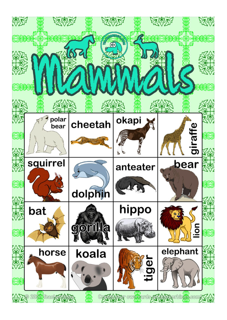 Mammals Bingo 4x4 (5 pages + call sheet) | Made By Teachers