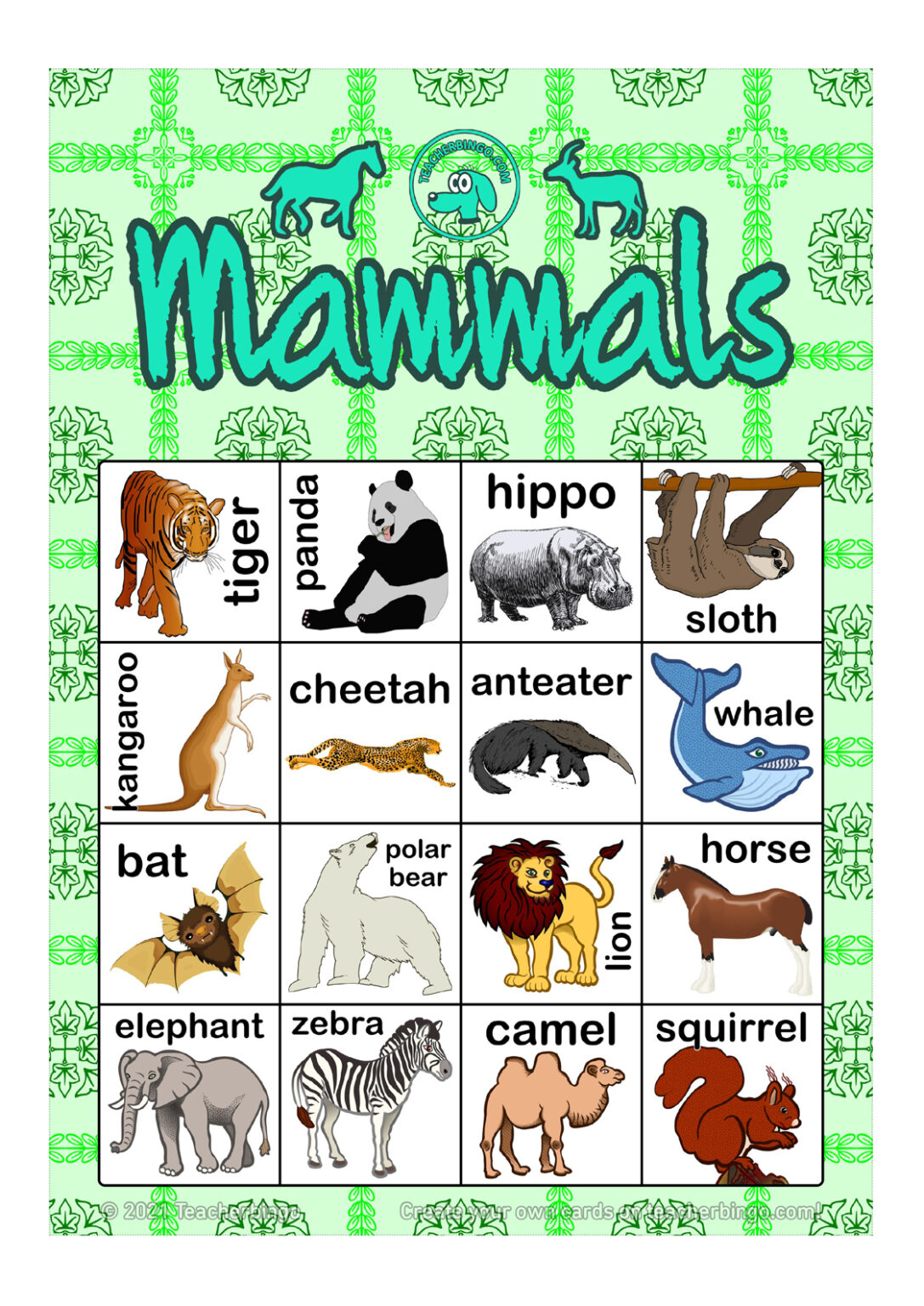 Mammals Bingo 4x4 (5 pages + call sheet) | Made By Teachers