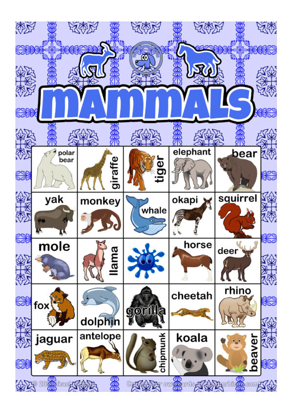 Mammals Bingo 5x5 (5 pages + call sheet) - Made By Teachers