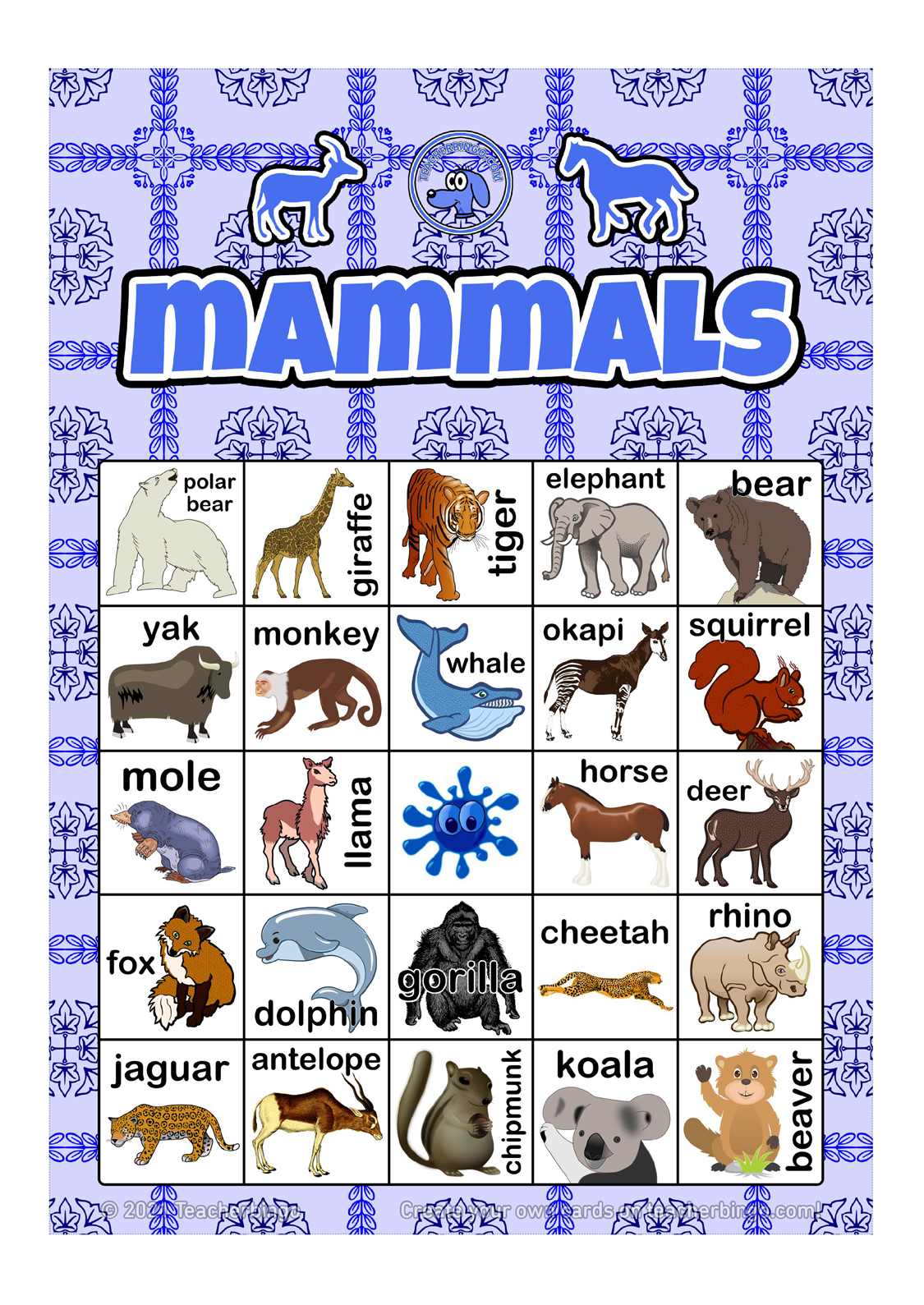 Mammals Bingo 5x5 (5 pages + call sheet) | Made By Teachers