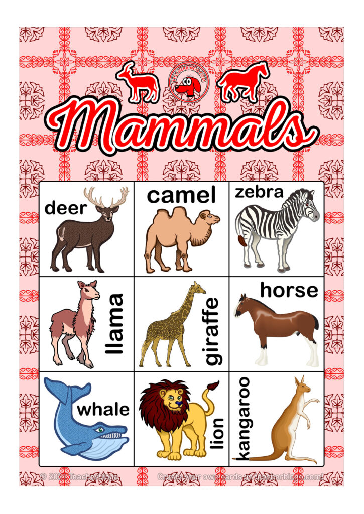 Mammals Bingo 3x3 (100 pages + call sheet) | Made By Teachers