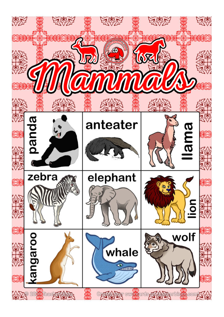 Mammals Bingo 3x3 (100 pages + call sheet) | Made By Teachers