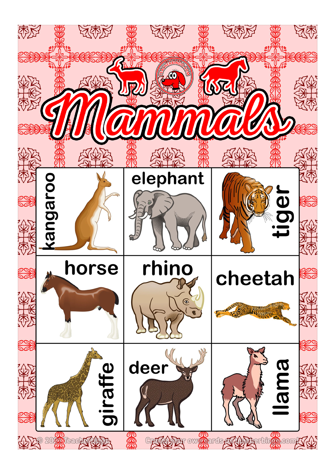 Mammals Bingo 3x3 (100 pages + call sheet) | Made By Teachers