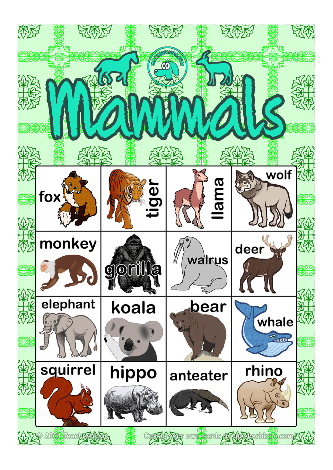 Mammals Bingo 4x4 (100 pages + call sheet) - Made By Teachers