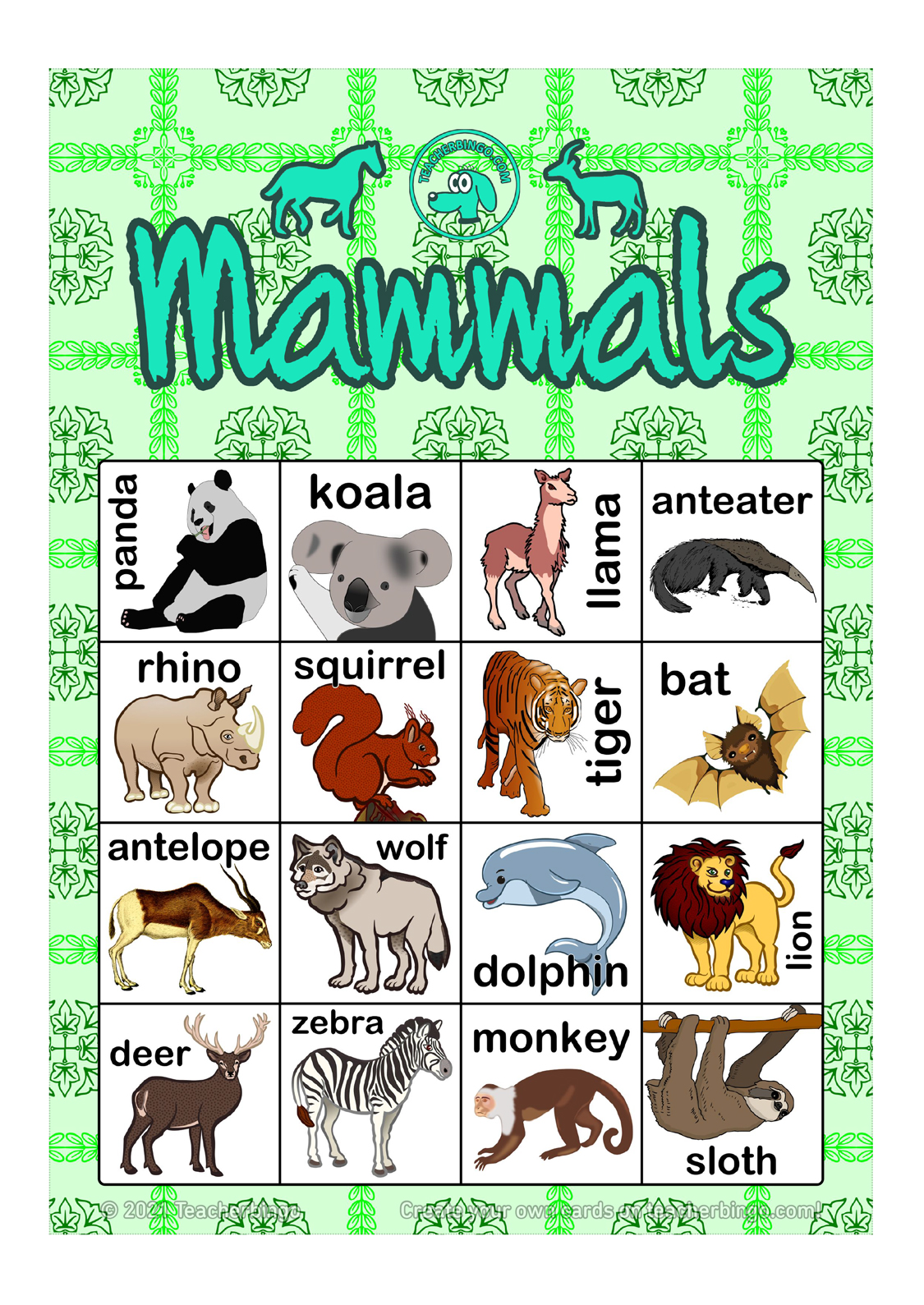 Mammals Bingo 4x4 (100 pages + call sheet) | Made By Teachers