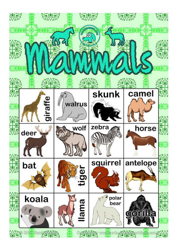 Mammals Bingo 4x4 (100 pages + call sheet) | Made By Teachers
