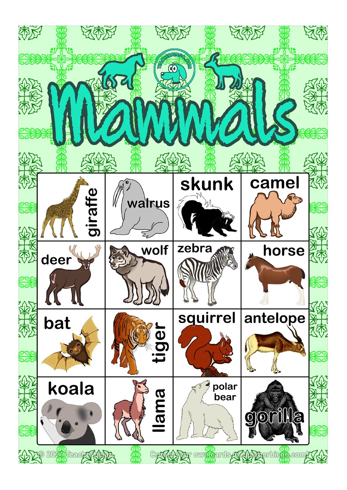 Mammals Bingo 4x4 (100 pages + call sheet) | Made By Teachers