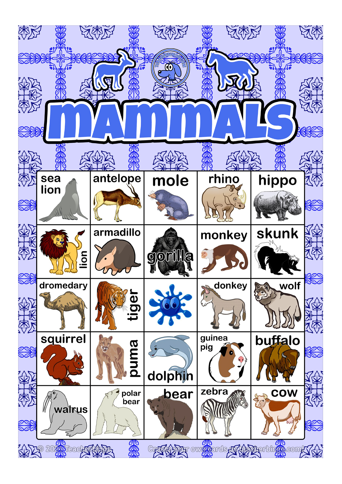 Mammals Bingo 5x5 (100 pages + call sheet) | Made By Teachers
