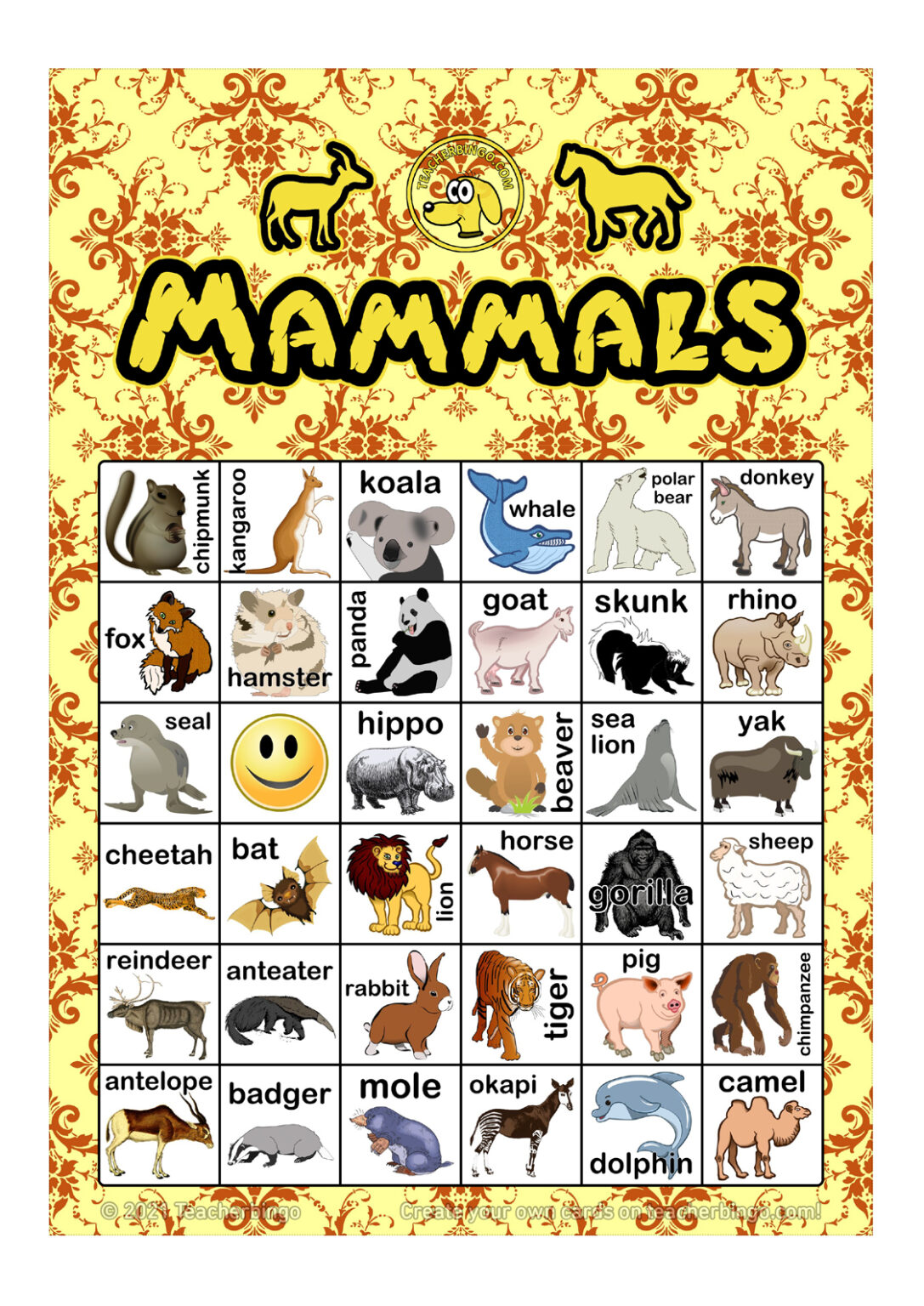 Mammals Bingo 6x6 (100 pages + call sheet) | Made By Teachers
