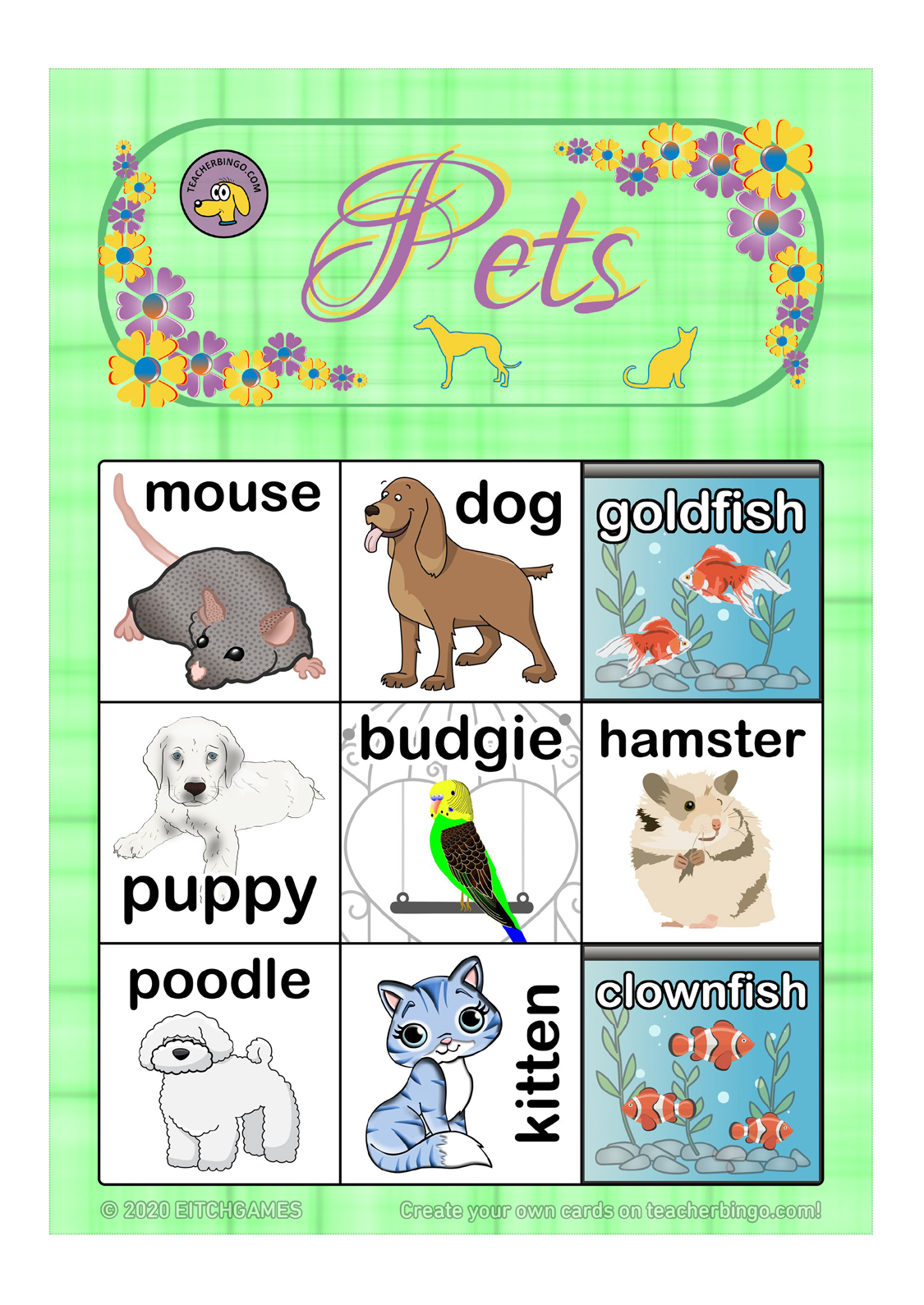 Pets Bingo 3x3 (100 pages + call sheet) | Made By Teachers