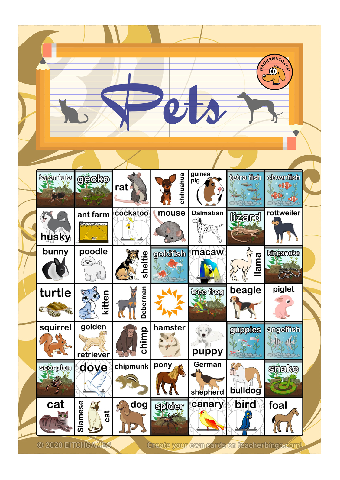 Pets Bingo 7x7 (100 pages + call sheet) | Made By Teachers