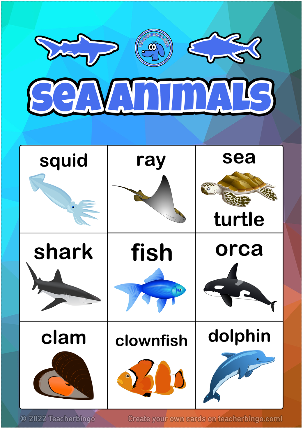 Sea Animals Bingo 3x3 (5 pages + call sheet) | Made By Teachers