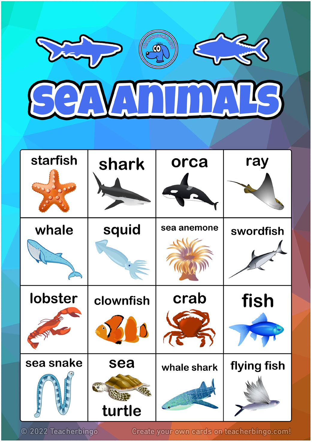 Sea Animals Bingo 4x4 (5 pages + call sheet) | Made By Teachers