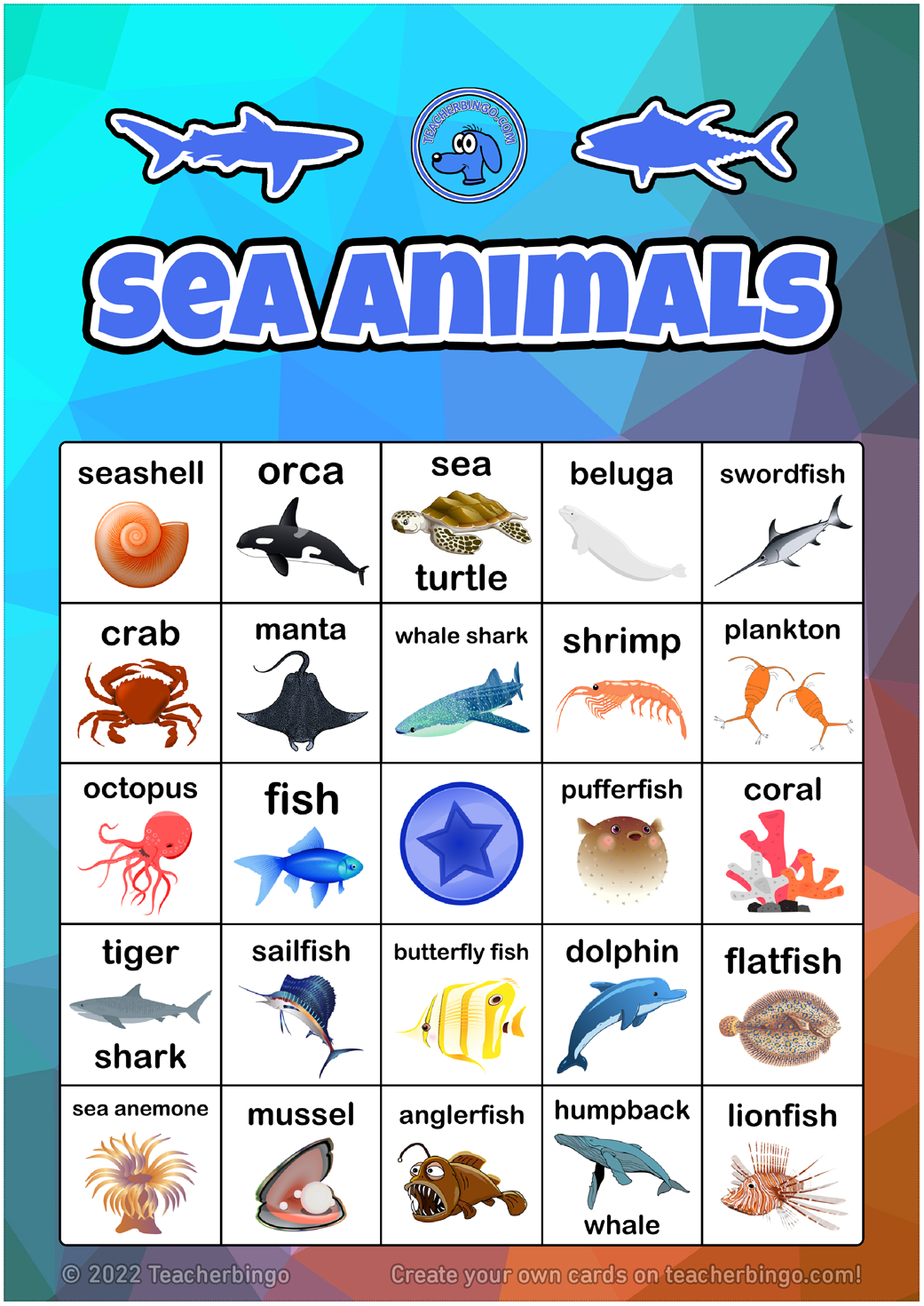 Sea Animals Bingo 5x5 (5 pages + call sheet) | Made By Teachers