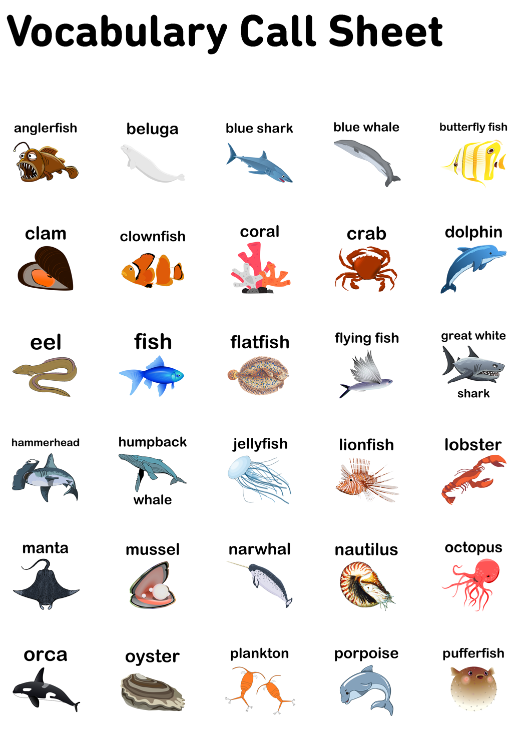 Sea Animals Bingo 5x5 (100 pages + call sheet) | Made By Teachers