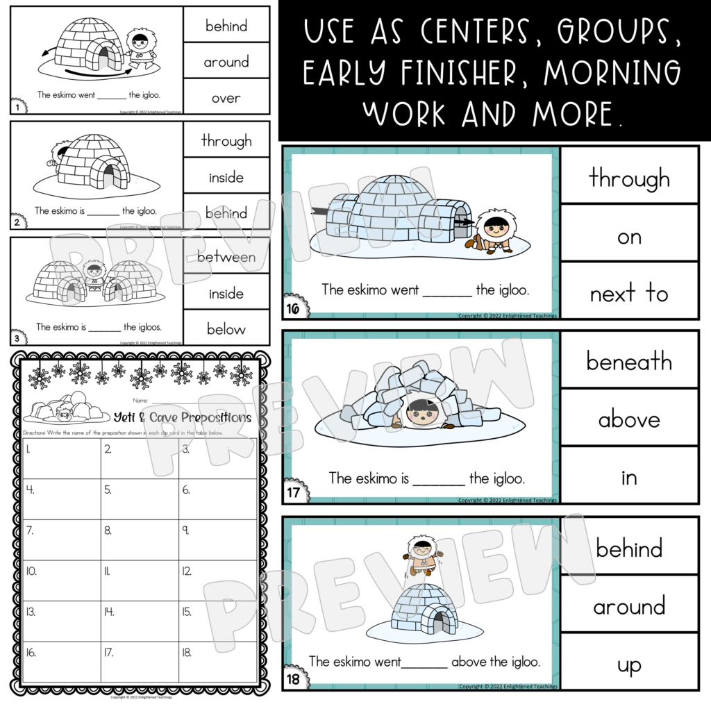 Winter Preposition Clip Cards Task Cards Positional Words Eskimo and ...