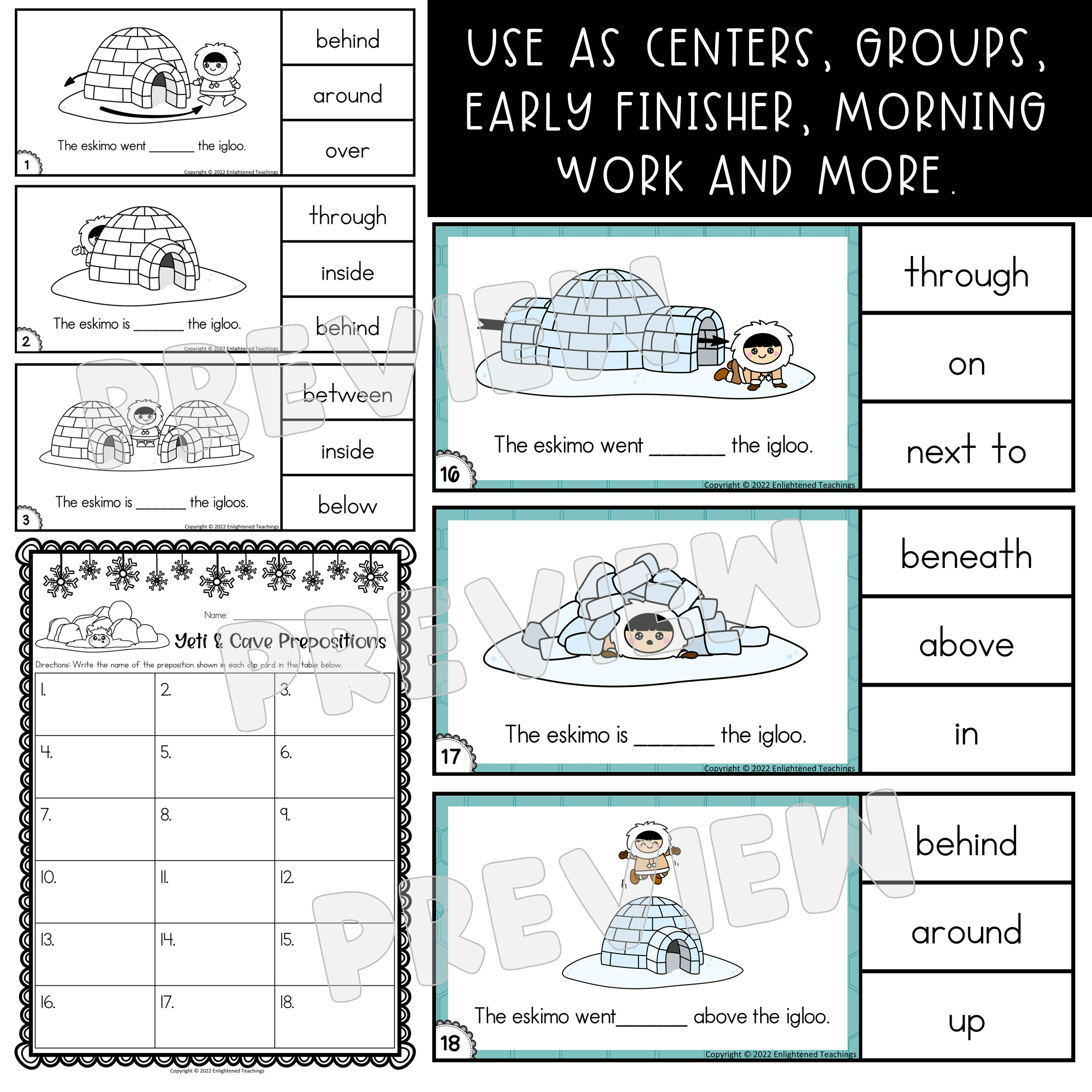 Winter Preposition Clip Cards Task Cards Positional Words Eskimo and ...