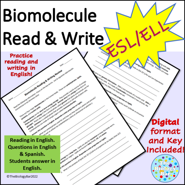 ESL Biology Biomolecule Reading and Writing Activity with Digital ...