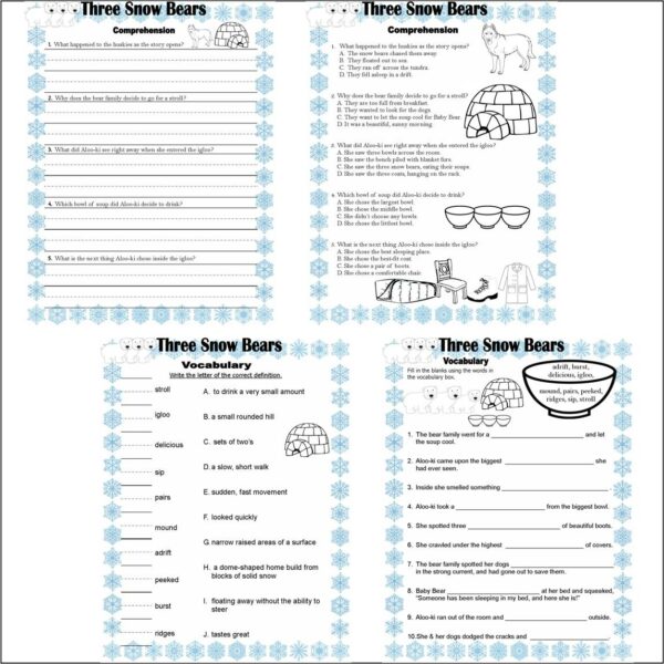 Three Snow Bears Winter Book Companion Reading Comprehension Study Unit ...