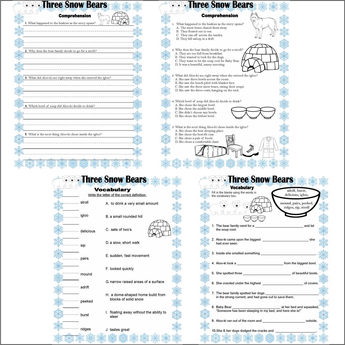 Three Snow Bears Winter Book Companion Reading Comprehension Study Unit ...