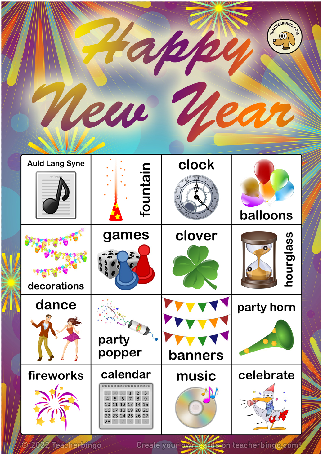 New Year Bingo 4x4 (5 pages + call sheet) | Made By Teachers