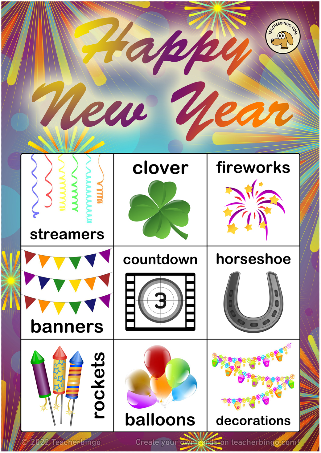 New Year Bingo 3x3 (100 pages + call sheet) | Made By Teachers