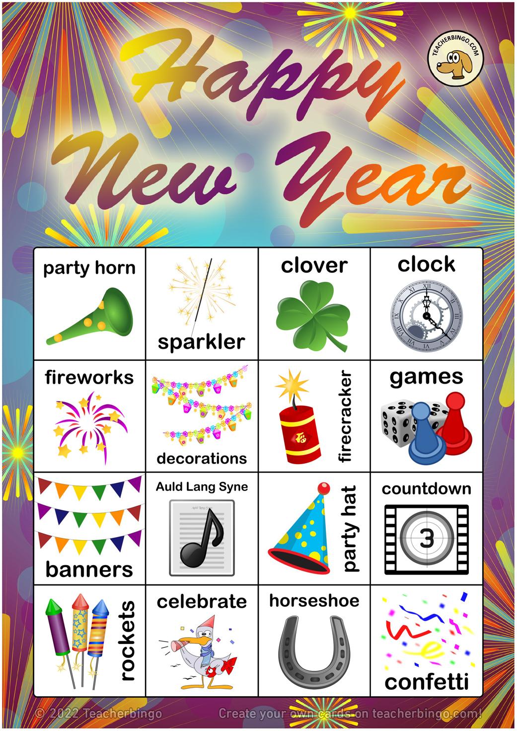 New Year Bingo 4x4 (100 pages + call sheet) | Made By Teachers