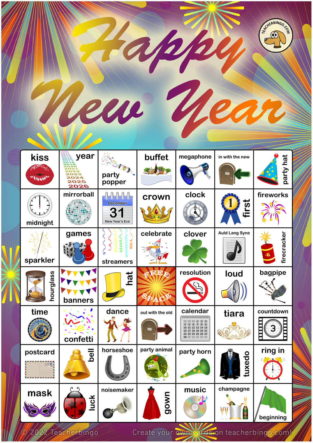 New Year Bingo 7x7 (100 pages + call sheet) | Made By Teachers
