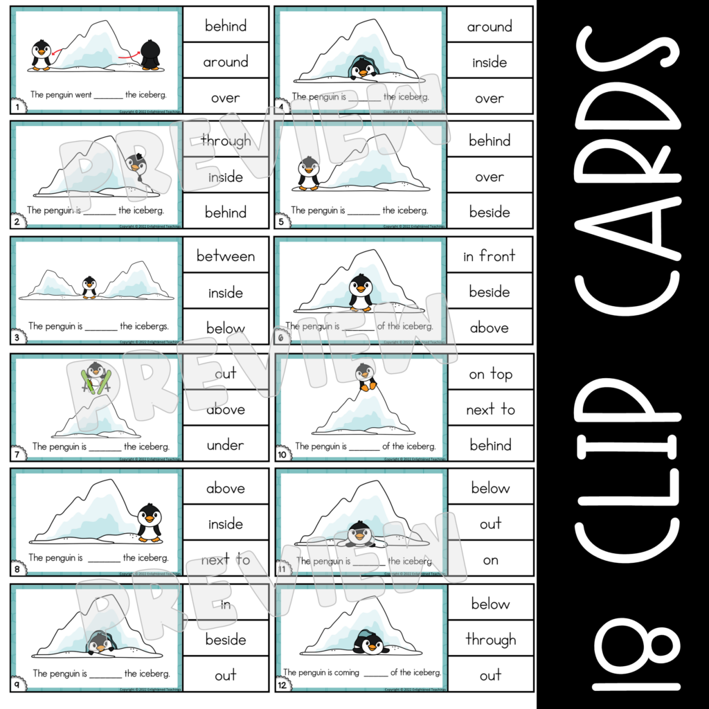 Winter Preposition Clip Cards Task Cards Positional Words Penguin and ...