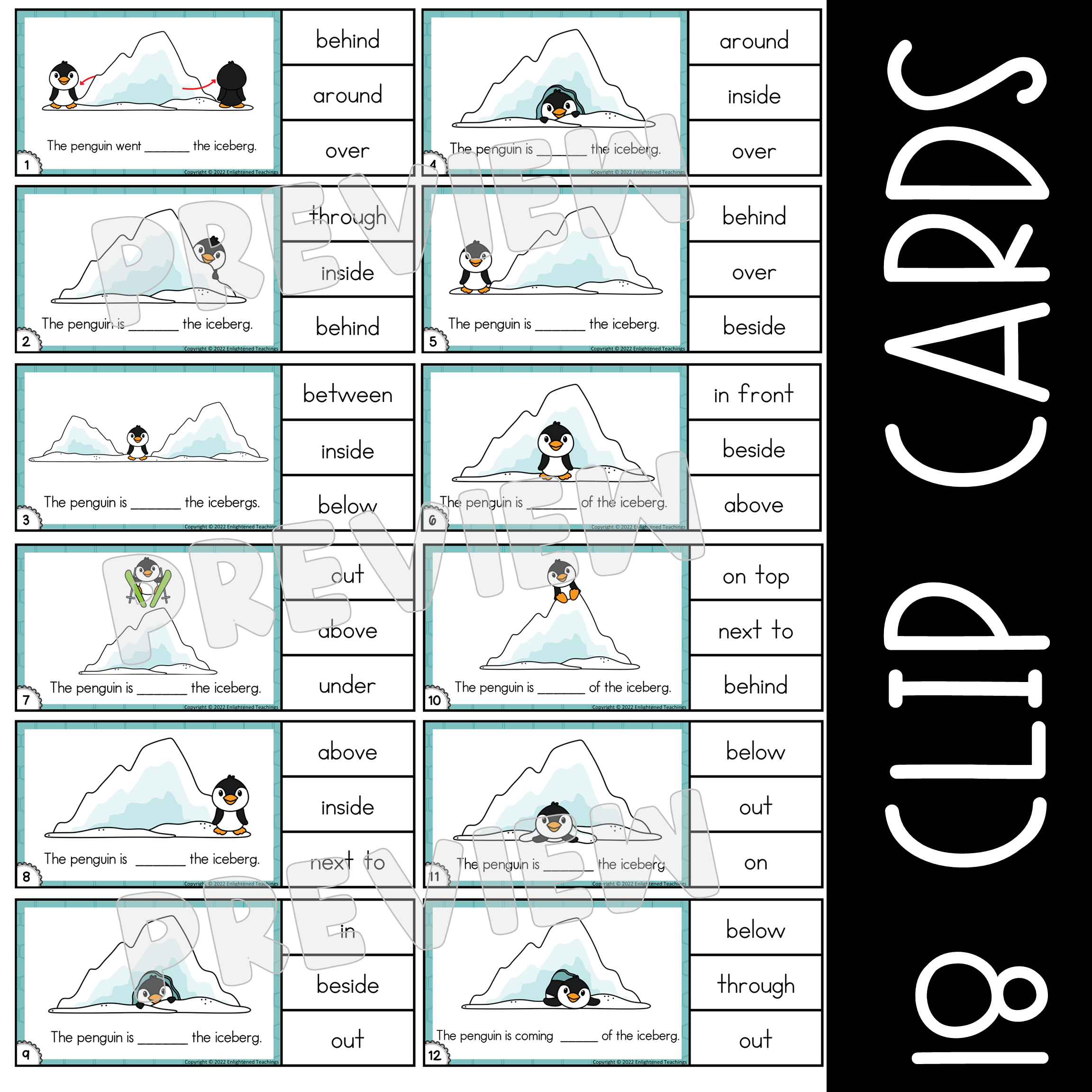 Winter Preposition Clip Cards Task Cards Positional Words Penguin and ...
