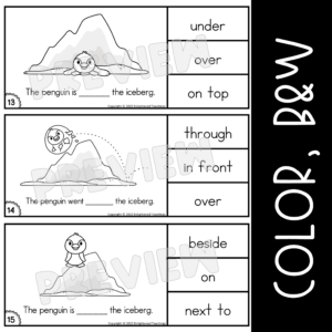 Winter Preposition Clip Cards Task Cards Positional Words Penguin and ...