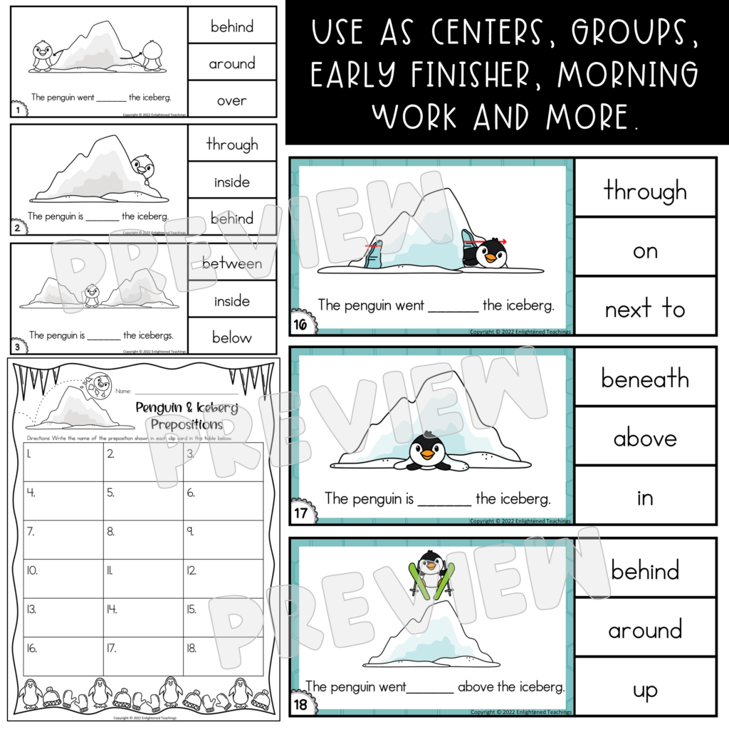 Winter Preposition Clip Cards Task Cards Positional Words Penguin and ...