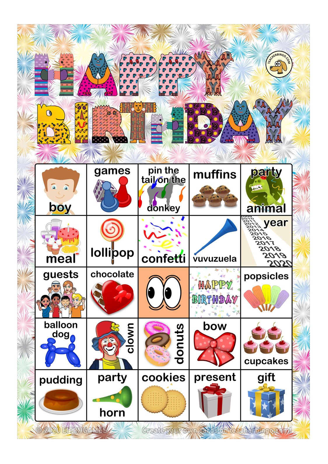 Birthday Party Bingo 5x5 (5 pages + call sheet) | Made By Teachers