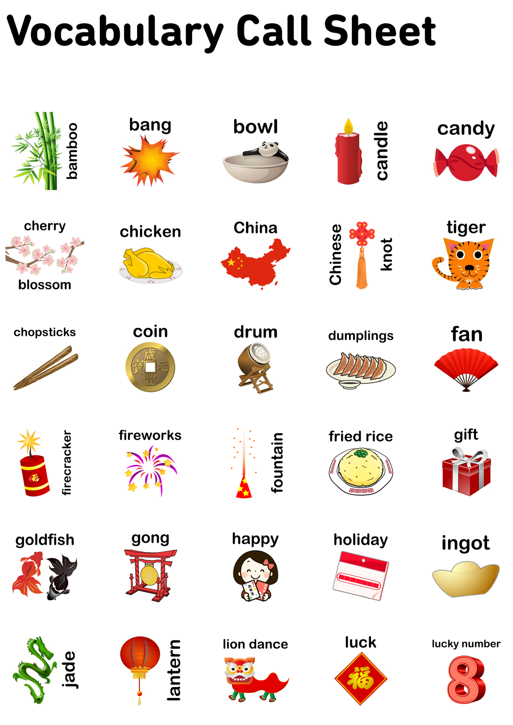 Chinese New Year Bingo 5x5 (5 pages + call sheet) | Made By Teachers