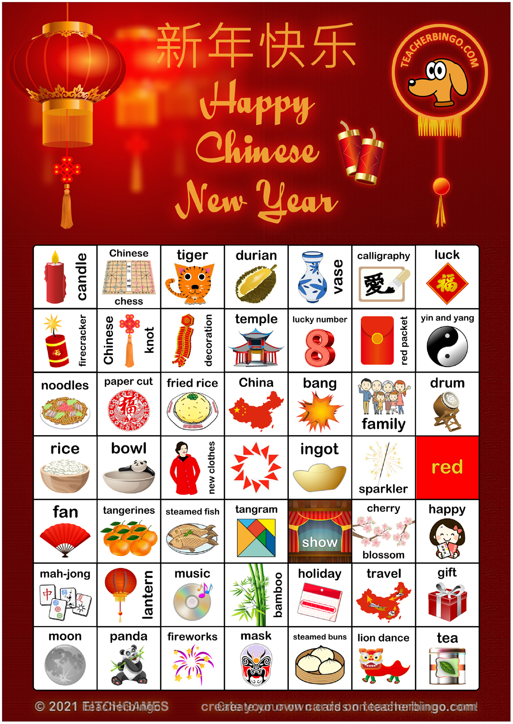Chinese New Year Bingo 7x7 (5 pages + call sheet) | Made By Teachers