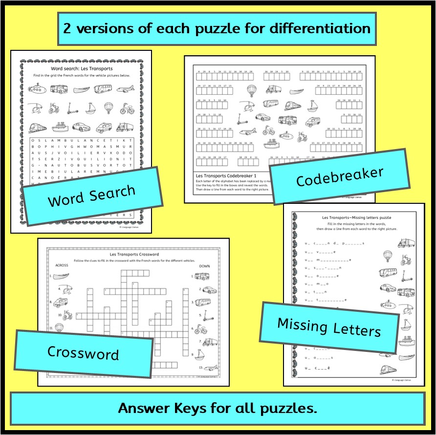 French Les Transports vehicles vocabulary activities puzzles | Made By ...
