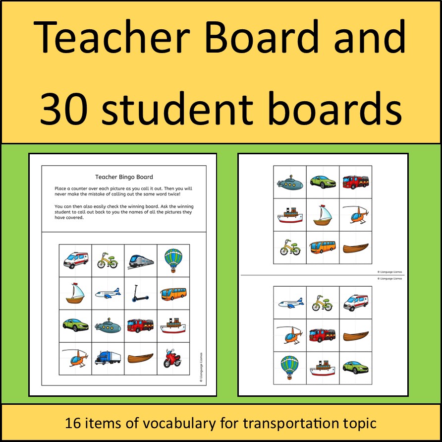 Transport bingo for class topic or ESL EAL EFL MFL - vehicles ...