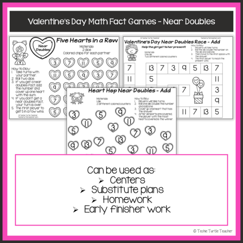 Addition Near Doubles Strategy Valentine's Day Math Fact Games: Partner ...