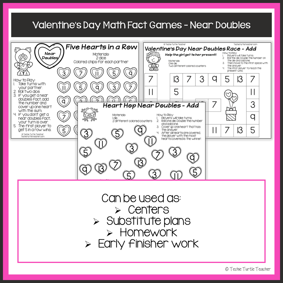 Addition Near Doubles Strategy Valentine's Day Math Fact Games: Partner ...
